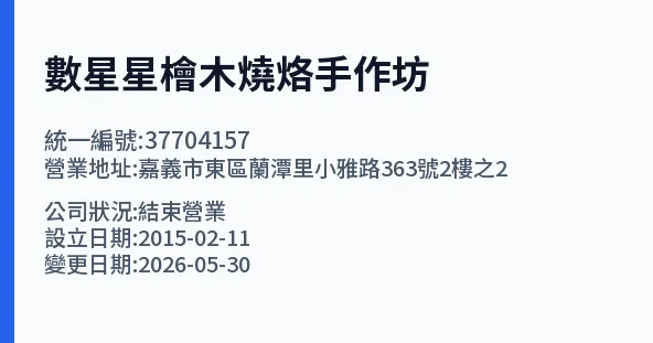 數星星檜木燒烙手作坊的照片-統編 37704157(嘉義市) 公司登記資料與營業項目詳細圖表