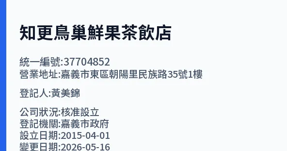知更鳥巢鮮果茶飲店的照片-統編 37704852(嘉義市) 公司登記資料與營業項目詳細圖表