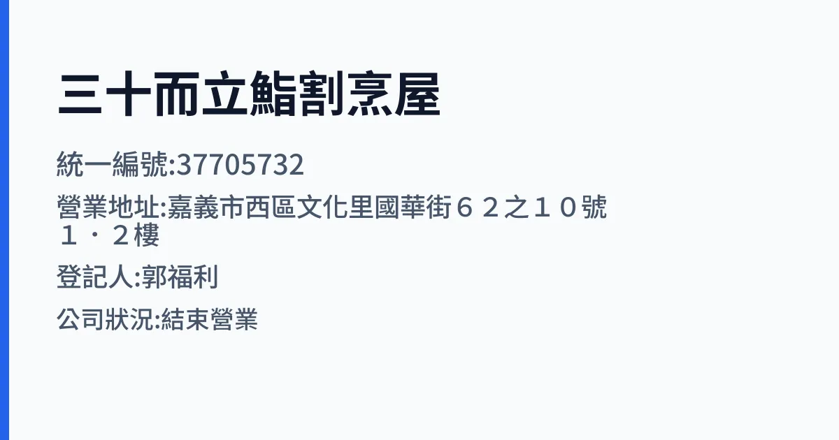 三十而立鮨割烹屋 - 統編 37705732(嘉義市) 公司登記資料與營業項目詳細圖表