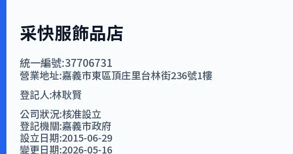 采快服飾品店的照片-統編 37706731(嘉義市) 公司登記資料與營業項目詳細圖表