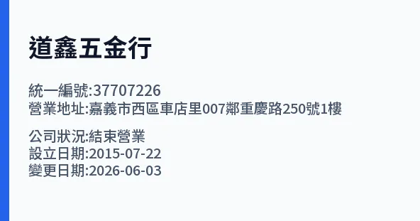 道鑫五金行的照片-統編 37707226(嘉義市) 公司登記資料與營業項目詳細圖表