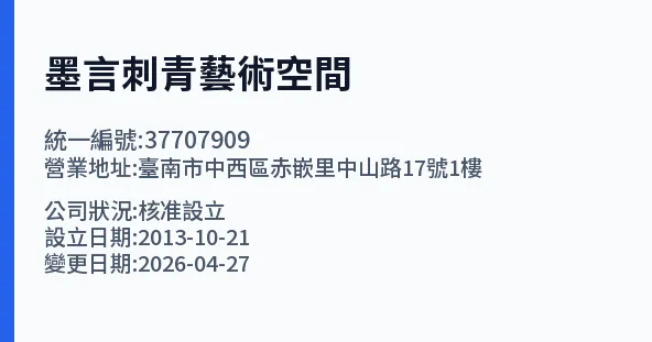 墨言刺青藝術空間的照片-統編 37707909(臺南市) 公司登記資料與營業項目詳細圖表