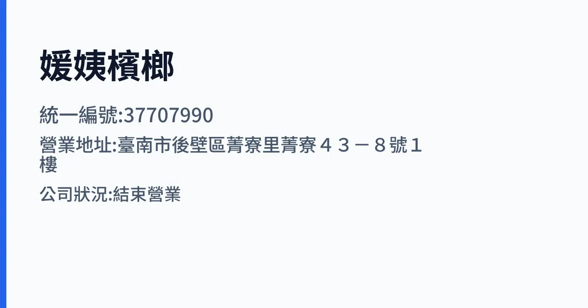 媛姨檳榔 - 統編 37707990(臺南市) 公司登記資料與營業項目詳細圖表