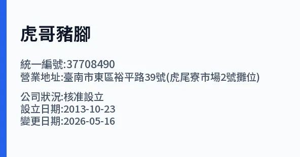 虎哥豬腳的照片-統編 37708490(臺南市) 公司登記資料與營業項目詳細圖表