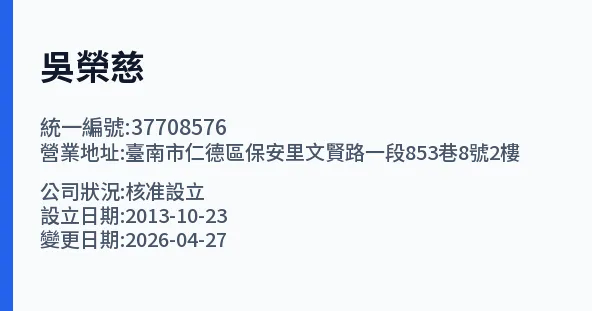 吳榮慈的照片-統編 37708576(臺南市) 公司登記資料與營業項目詳細圖表