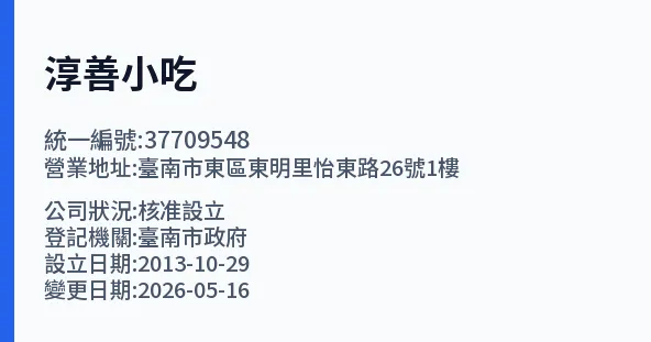 淳善小吃的照片-統編 37709548(臺南市) 公司登記資料與營業項目詳細圖表