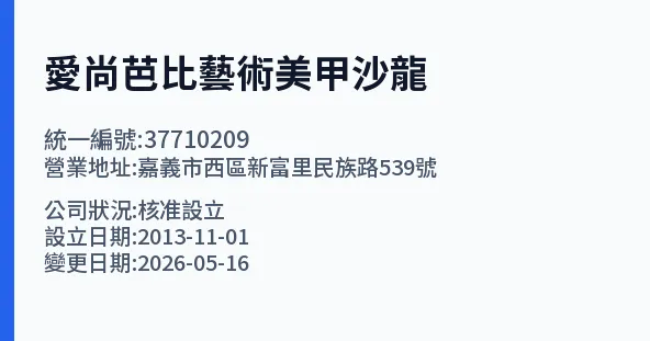 愛尚芭比藝術美甲沙龍的照片-統編 37710209(嘉義市) 公司登記資料與營業項目詳細圖表