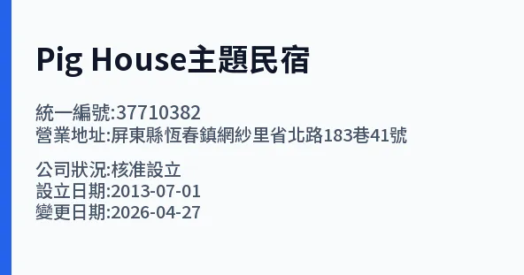 Pig House主題民宿的照片-統編 37710382(屏東縣) 公司登記資料與營業項目詳細圖表