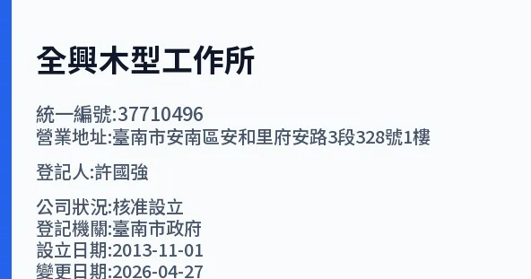 全興木型工作所的照片-統編 37710496(臺南市) 公司登記資料與營業項目詳細圖表