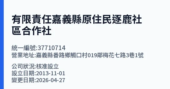 有限責任嘉義縣原住民逐鹿社區合作社的照片-統編 37710714(嘉義縣) 公司登記資料與營業項目詳細圖表