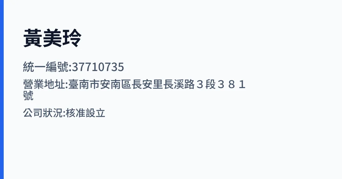 黃美玲 - 統編 37710735(臺南市) 公司登記資料與營業項目詳細圖表