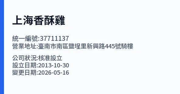 上海香酥雞的照片-統編 37711137(臺南市) 公司登記資料與營業項目詳細圖表