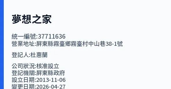 夢想之家的照片-統編 37711636(屏東縣) 公司登記資料與營業項目詳細圖表