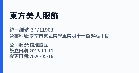 東方美人服飾的照片-統編 37711903(臺南市) 公司登記資料與營業項目詳細圖表