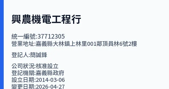 興農機電工程行的照片-統編 37712305(嘉義縣) 公司登記資料與營業項目詳細圖表