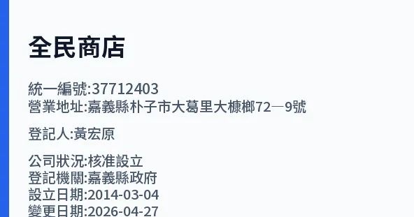 全民商店的照片-統編 37712403(嘉義縣) 公司登記資料與營業項目詳細圖表