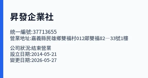 昇發企業社的照片-統編 37713655(嘉義縣) 公司登記資料與營業項目詳細圖表