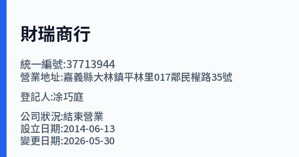 財瑞商行的照片-統編 37713944(嘉義縣) 公司登記資料與營業項目詳細圖表