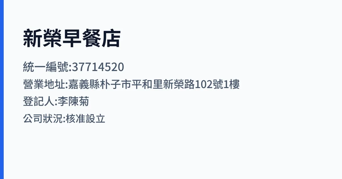 新榮早餐店 - 統編 37714520(嘉義縣) 公司登記資料與營業項目詳細圖表