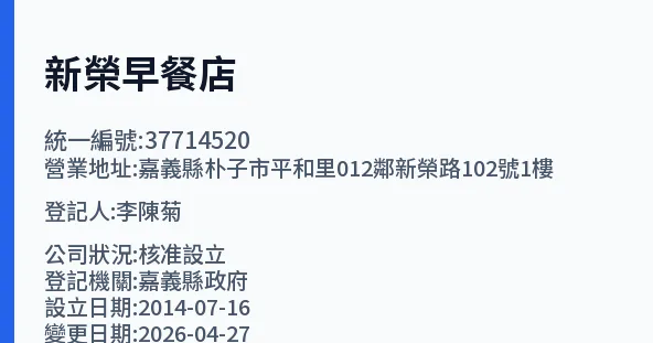 新榮早餐店的照片-統編 37714520(嘉義縣) 公司登記資料與營業項目詳細圖表