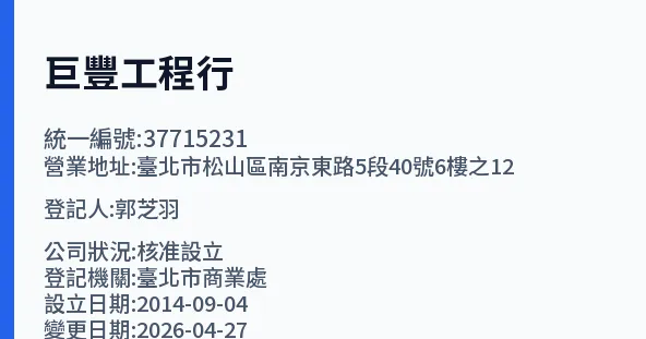 巨豐工程行的照片-統編 37715231(臺北市) 公司登記資料與營業項目詳細圖表