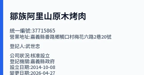 鄒族阿里山原木烤肉的照片-統編 37715865(嘉義縣) 公司登記資料與營業項目詳細圖表
