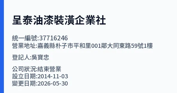 呈泰油漆裝潢企業社的照片-統編 37716246(嘉義縣) 公司登記資料與營業項目詳細圖表