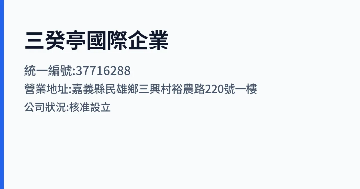 三癸亭國際企業 - 統編 37716288(嘉義縣) 公司登記資料與營業項目詳細圖表