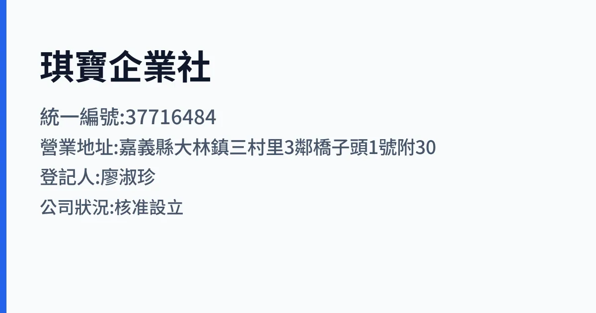 琪寶企業社 - 統編 37716484（嘉義縣） 公司登記資料與營業項目詳細圖表