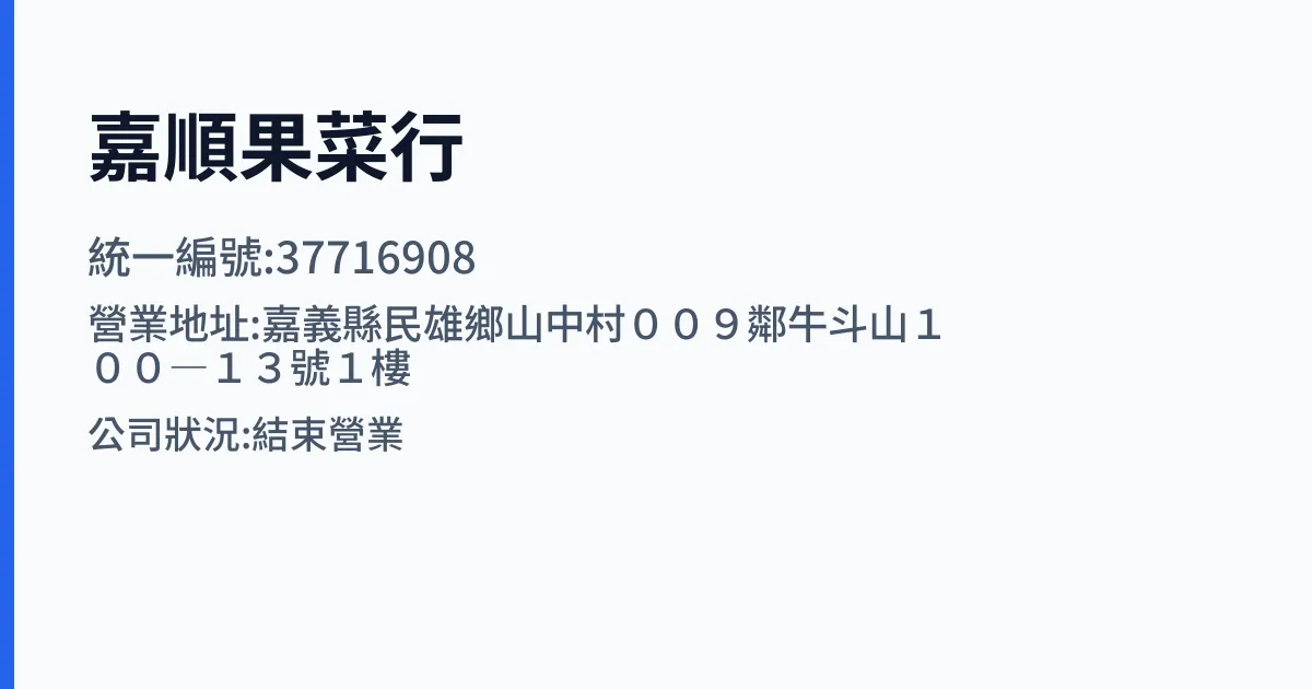 嘉順果菜行 - 統編 37716908(嘉義縣) 公司登記資料與營業項目詳細圖表