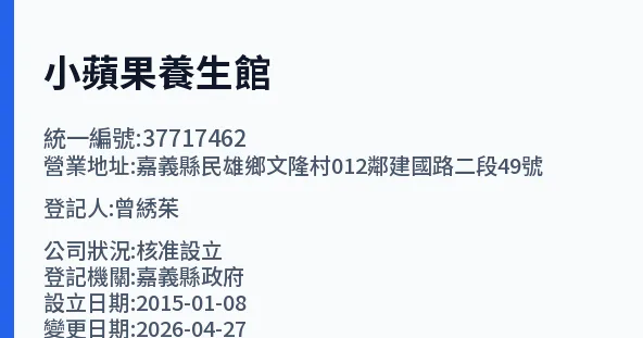 小蘋果養生館的照片-統編 37717462(嘉義縣) 公司登記資料與營業項目詳細圖表