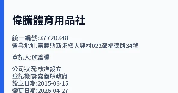 偉騰體育用品社的照片-統編 37720348(嘉義縣) 公司登記資料與營業項目詳細圖表