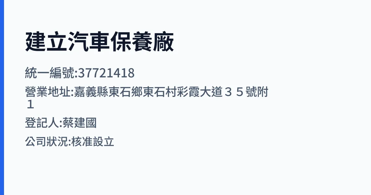 建立汽車保養廠 - 統編 37721418(嘉義縣) 公司登記資料與營業項目詳細圖表