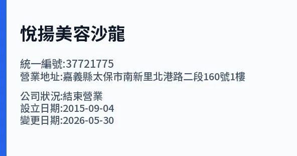 悅揚美容沙龍的照片-統編 37721775(嘉義縣) 公司登記資料與營業項目詳細圖表