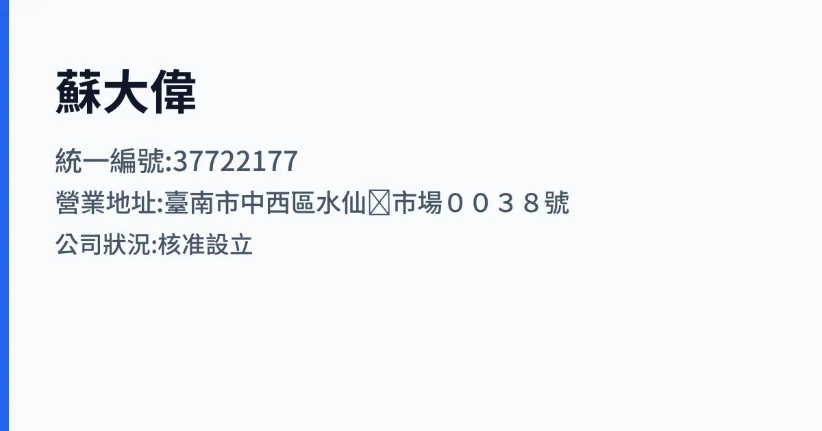 蘇大偉 - 統編 37722177(臺南市) 公司登記資料與營業項目詳細圖表