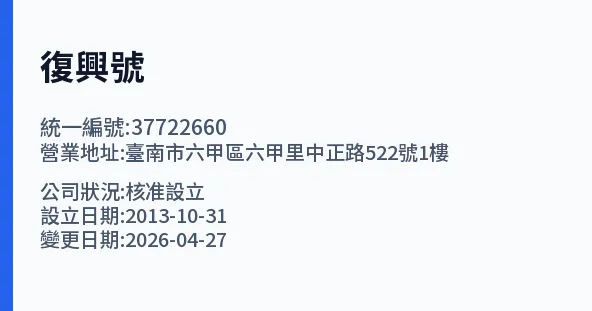 復興號的照片-統編 37722660(臺南市) 公司登記資料與營業項目詳細圖表