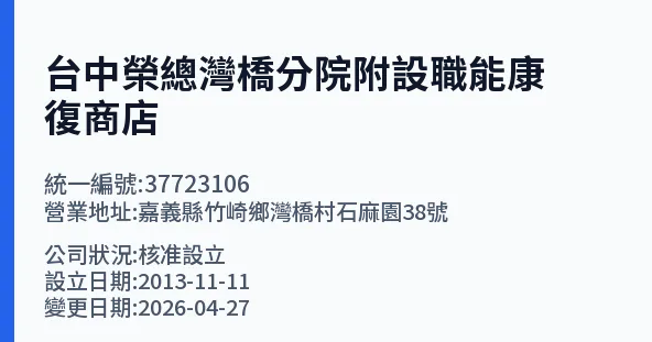 台中榮總灣橋分院附設職能康復商店的照片-統編 37723106(嘉義縣) 公司登記資料與營業項目詳細圖表