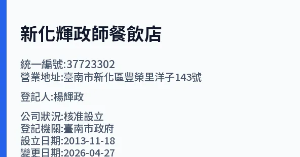 新化輝政師餐飲店的照片-統編 37723302(臺南市) 公司登記資料與營業項目詳細圖表