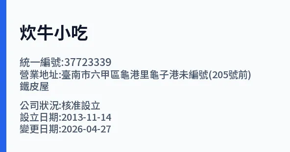 炊牛小吃的照片-統編 37723339(臺南市) 公司登記資料與營業項目詳細圖表