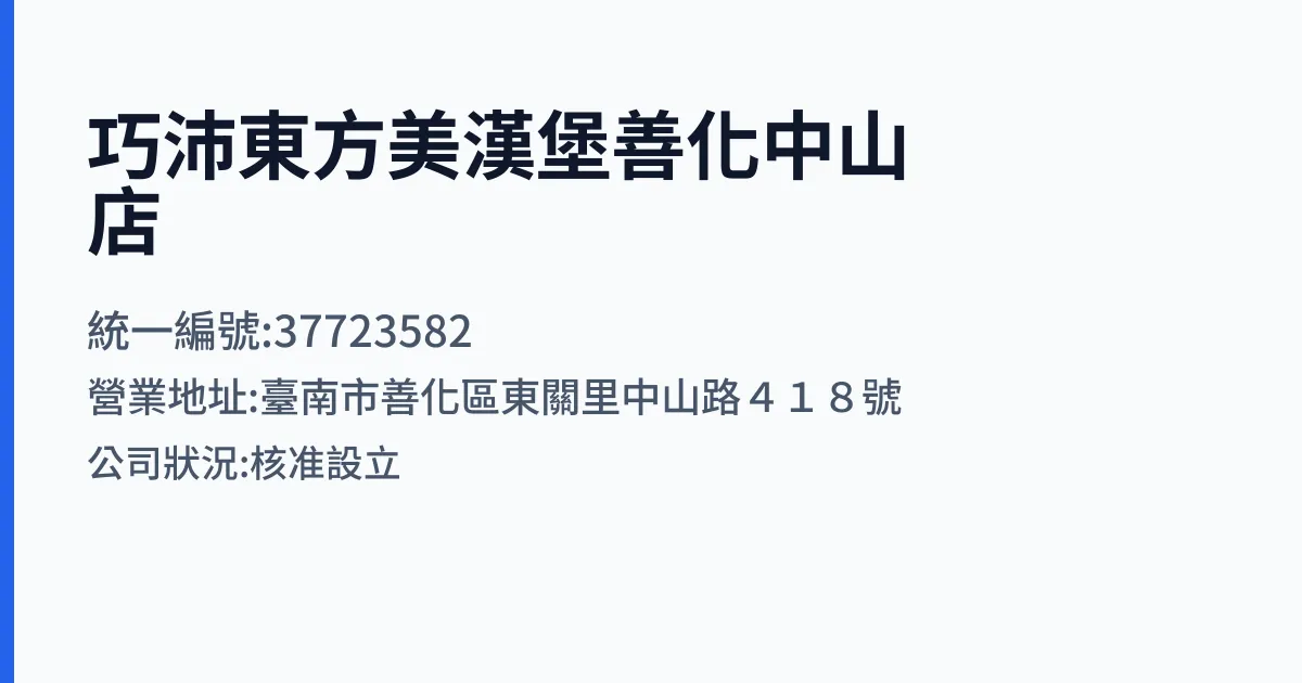 巧沛東方美漢堡善化中山店 - 統編 37723582(臺南市) 公司登記資料與營業項目詳細圖表