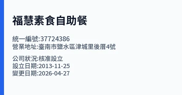 福慧素食自助餐的照片-統編 37724386(臺南市) 公司登記資料與營業項目詳細圖表