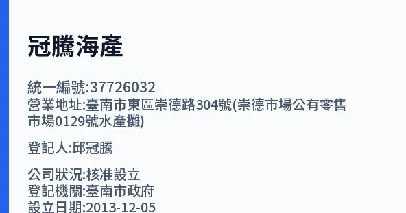 冠騰海產的照片-統編 37726032(臺南市) 公司登記資料與營業項目詳細圖表