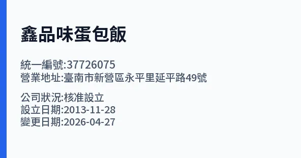 鑫品味蛋包飯的照片-統編 37726075(臺南市) 公司登記資料與營業項目詳細圖表