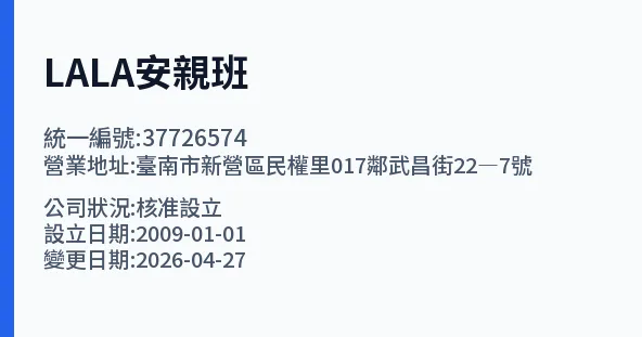 LALA安親班的照片-統編 37726574(臺南市) 公司登記資料與營業項目詳細圖表