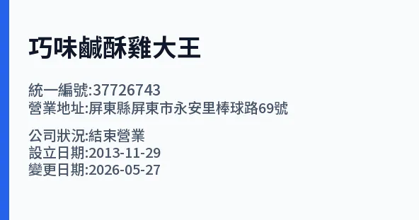 巧味鹹酥雞大王的照片-統編 37726743(屏東縣) 公司登記資料與營業項目詳細圖表