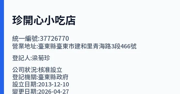 珍開心小吃店的照片-統編 37726770(臺東縣) 公司登記資料與營業項目詳細圖表