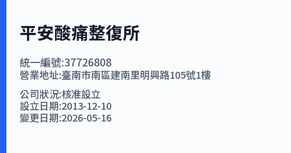 平安酸痛整復所的照片-統編 37726808(臺南市) 公司登記資料與營業項目詳細圖表