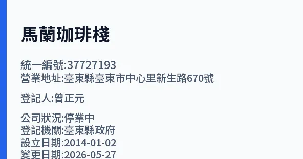 馬蘭珈琲棧的照片-統編 37727193(臺東縣) 公司登記資料與營業項目詳細圖表