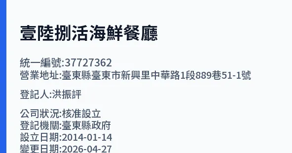 壹陸捌活海鮮餐廳的照片-統編 37727362(臺東縣) 公司登記資料與營業項目詳細圖表