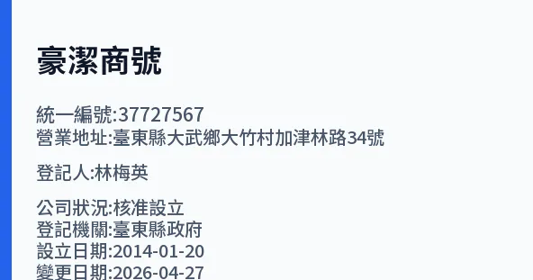 豪潔商號的照片-統編 37727567(臺東縣) 公司登記資料與營業項目詳細圖表